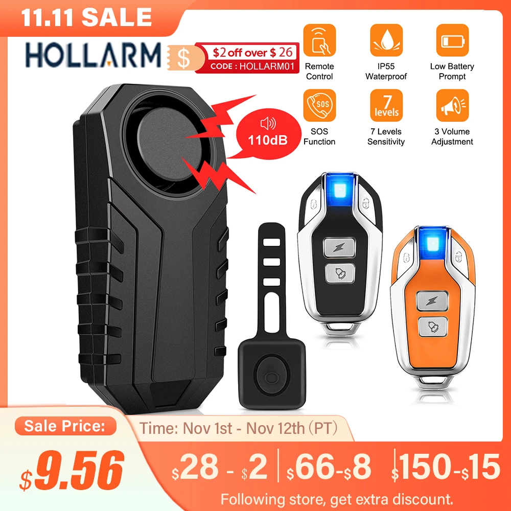 Hollarm Wireless Bicycle Vibration Alarm Ip55 Waterproof Motorcycle ...