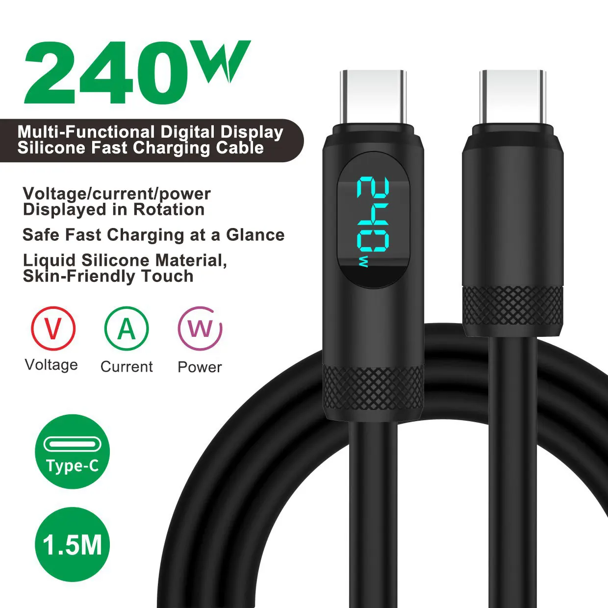 240W USB C to USB C Cable,LED Display Type C Cord,Liquid Silicone Fast ...