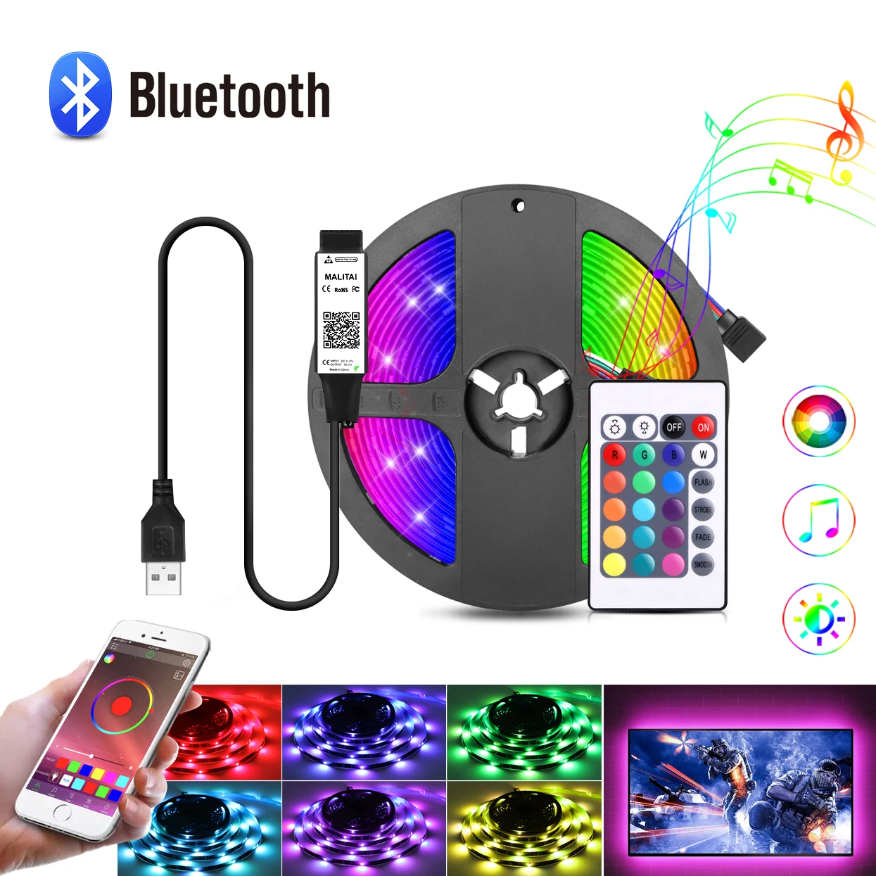 5050 SMD Bluetooth USB LED Strip Light RGB DC 5V USB APP Control LED Lights Flexible Lamp Tape ...