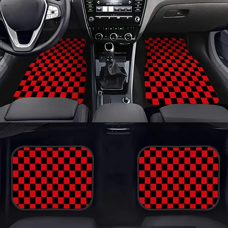 4pcs Red Checkered Car Floor Mats - Durable Polyester, All-Season ...