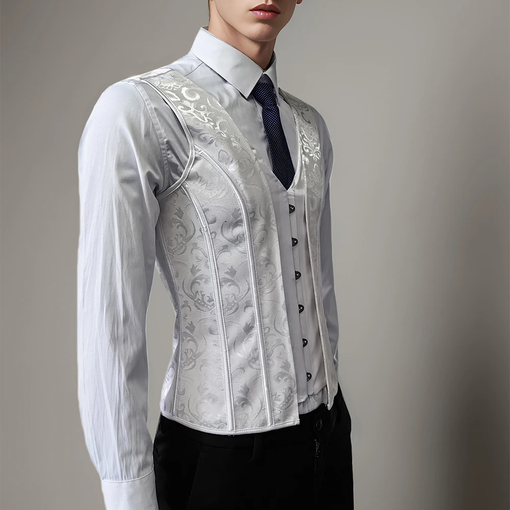 Men-Abdomen-Corset-Vest-White-Print-Vintage-Waistcoat-Lace-Up-Boned ...