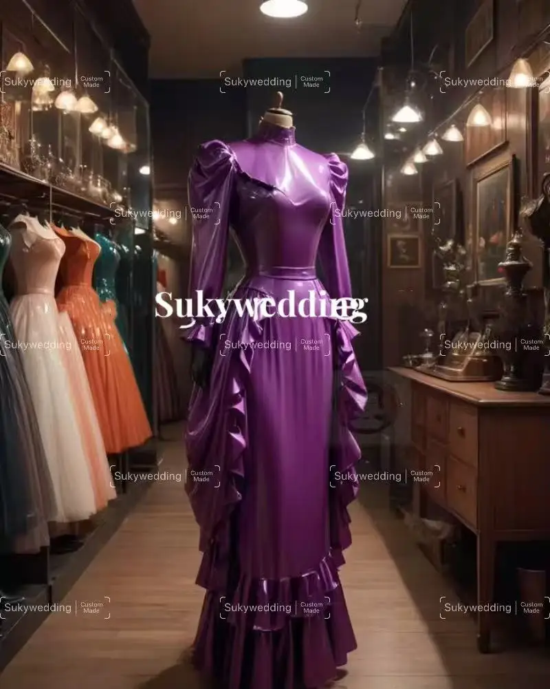 Victorian Cosplay Purple Princess Prom Dresses High Neck Bustle Corset ...