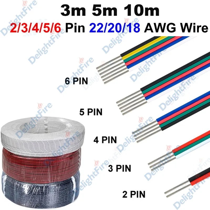 12v fios de led 3m 5m 10m 18 20 22 awg 6 5 4 3 2 pinos cabo elétrico ...