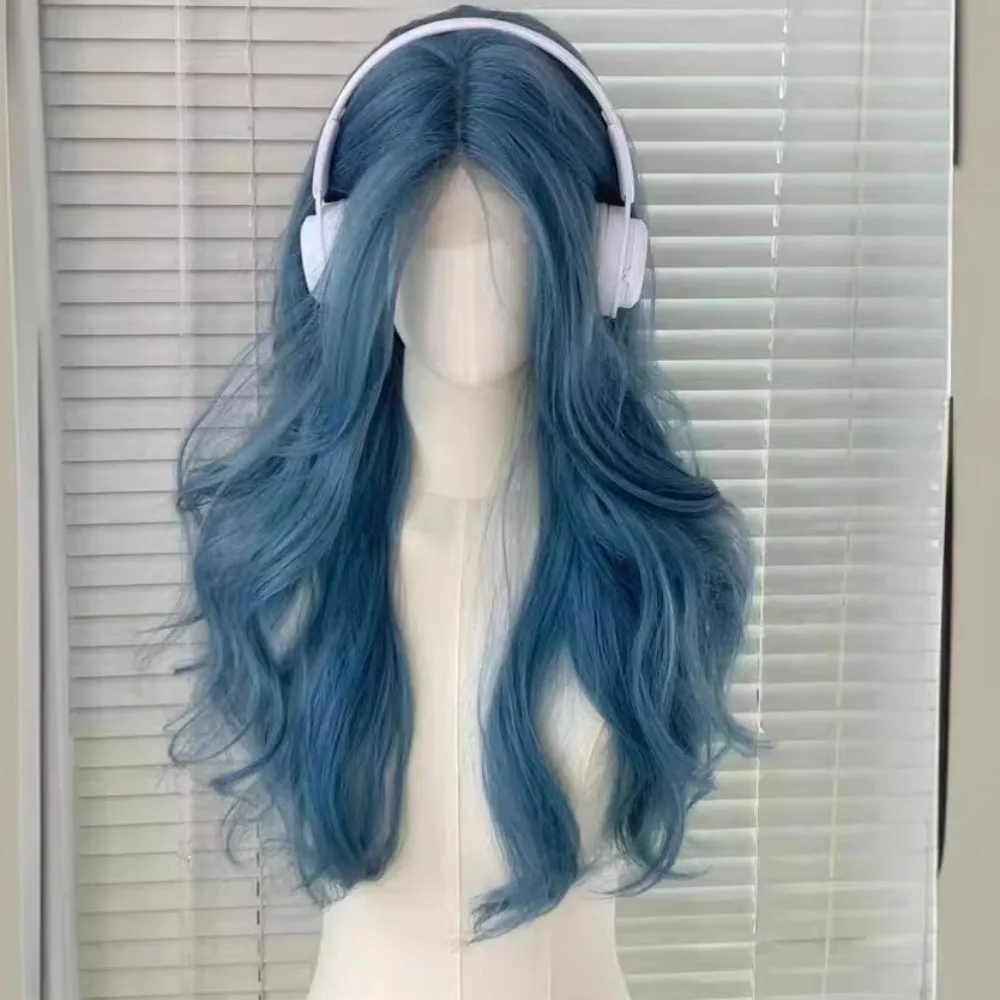 Peluca-azul-de-pelo-largo-y-rizado-para-mujer-flequillo-de-pelo-con ...