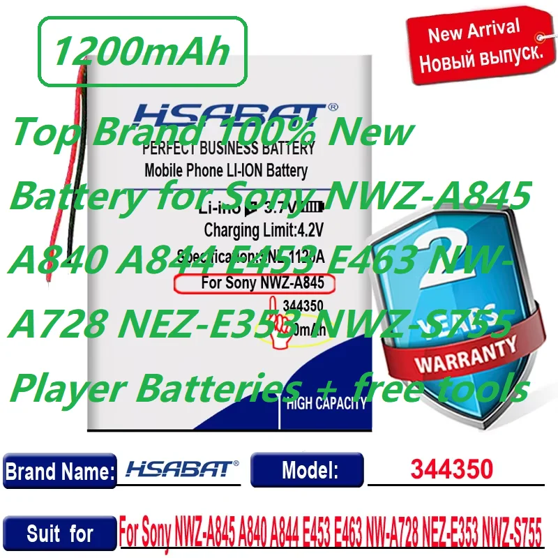 1200mAh Top Brand 100% New Battery for Sony NWZ-A845 A840 A844 E453 ...