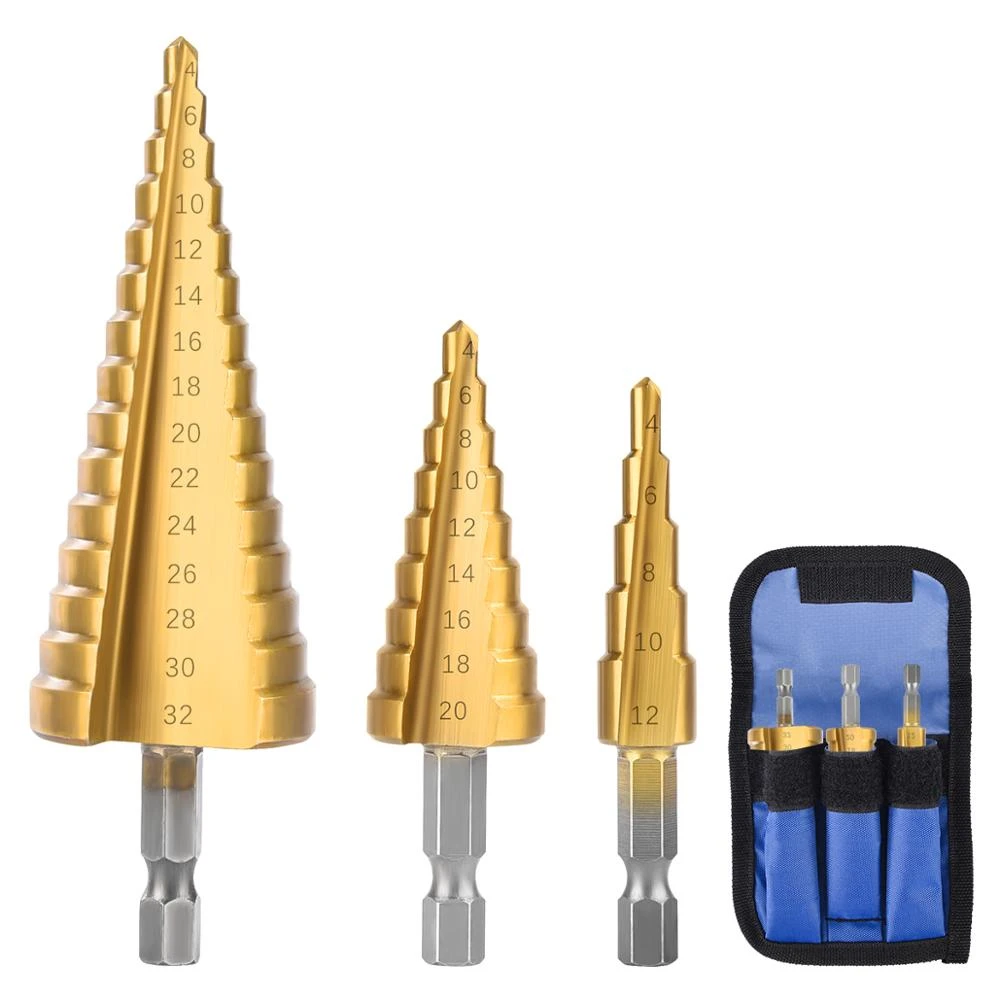 3p/set 3-12mm 4-12mm 4-20mm Hss Straight Groove Step Drill Bit Titanium Coated Wood Metal Hole ...