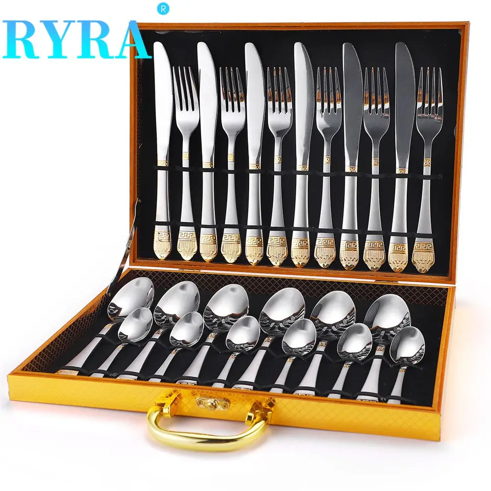24pcs Dinnerware Set Stainless Steel Tableware Set Luxury Fork Spoon ...