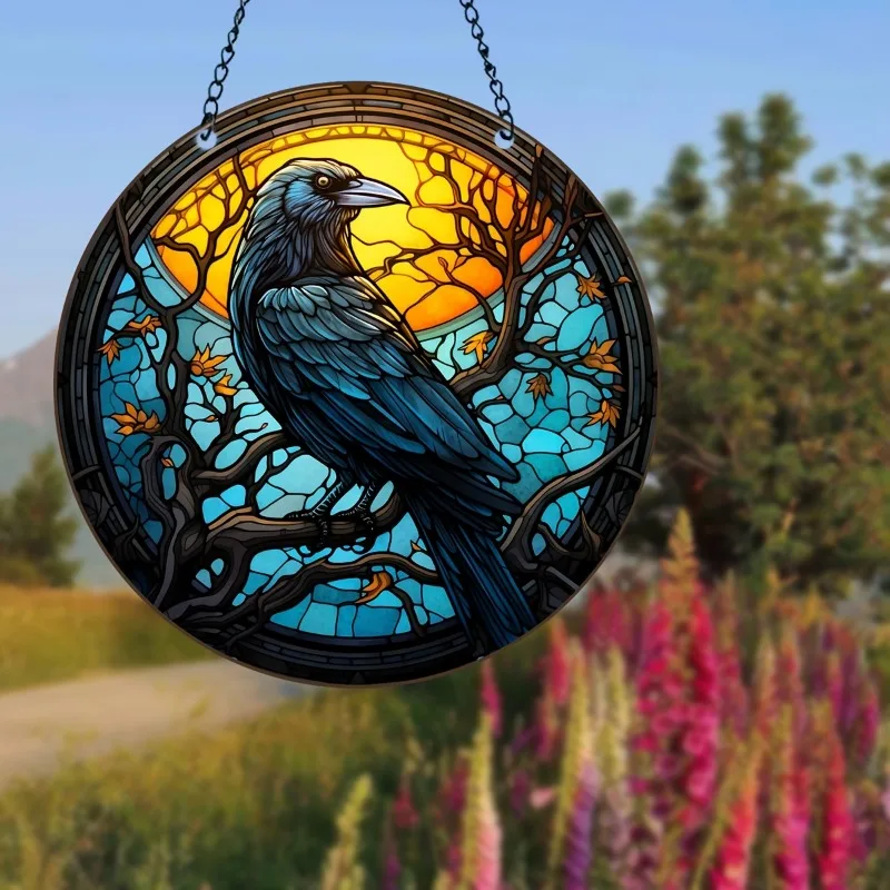 1pc-Stained-Window-Hanging-Desperate-Crows-At-Sunset-SkySuncatcher-with ...