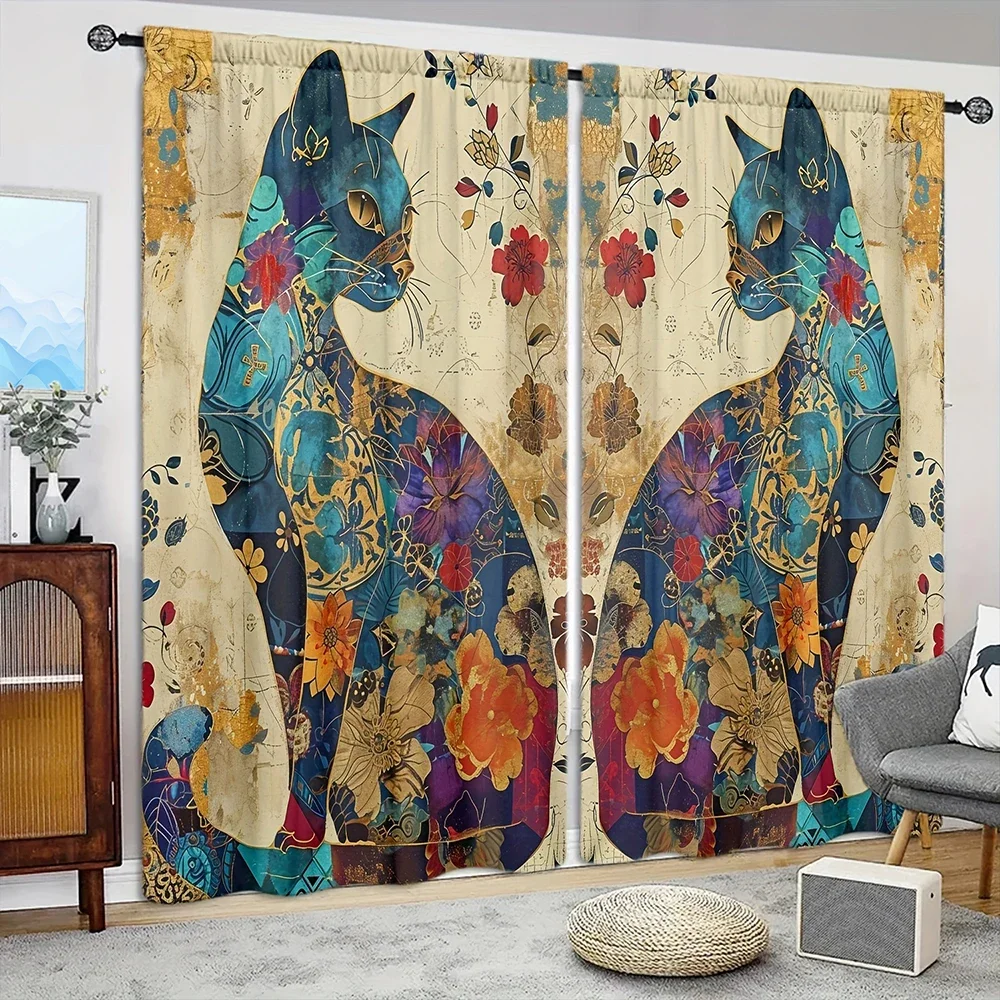 2pcs Artistic Cat Printed Curtain for Home Decor - Rod Pocket Window ...