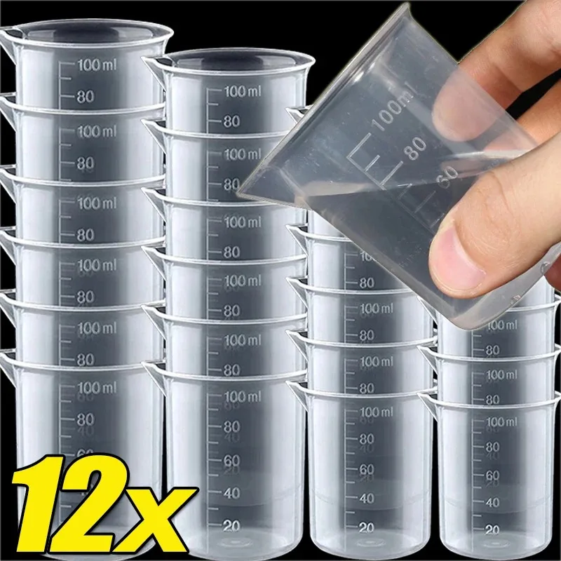 1-12PCS-Plastic-Transparent-Measuring-Cups-Laboratory-Beaker-Pour-Spout ...