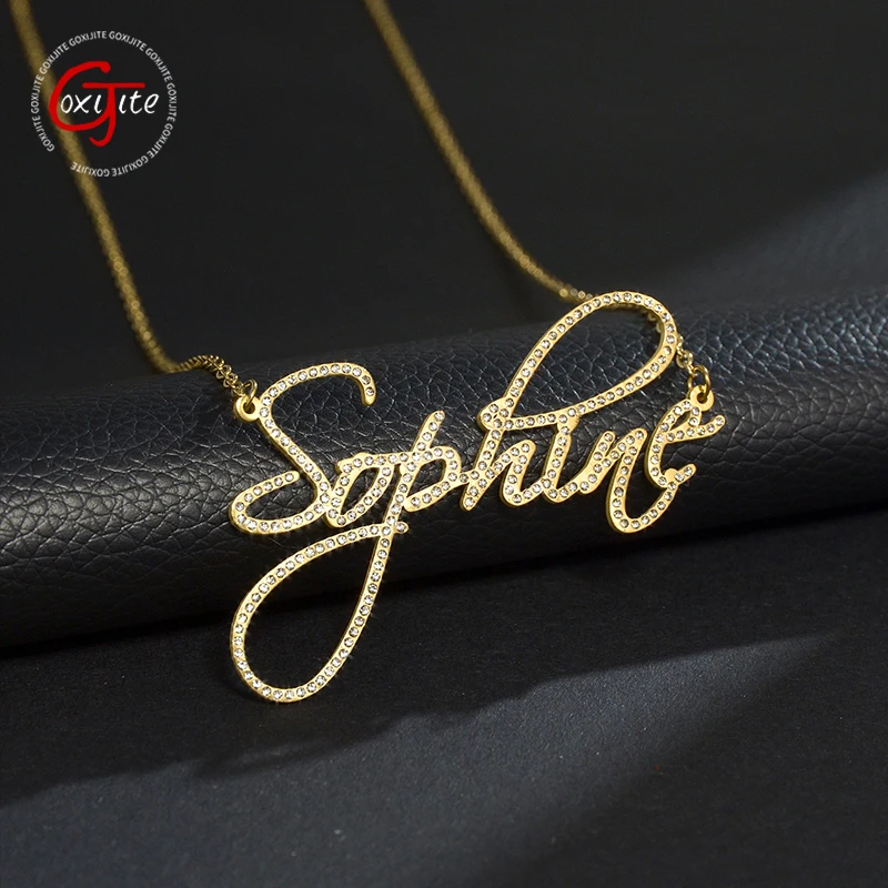 Goxijite Trendy Custom Cursive Name Necklace Customized Full Stone