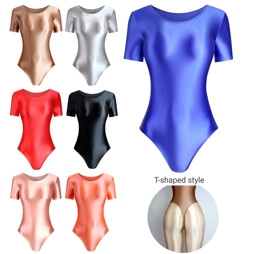 MJINM Women Satin Glossy One Piece Swimsuit High Waist Leotards Short ...