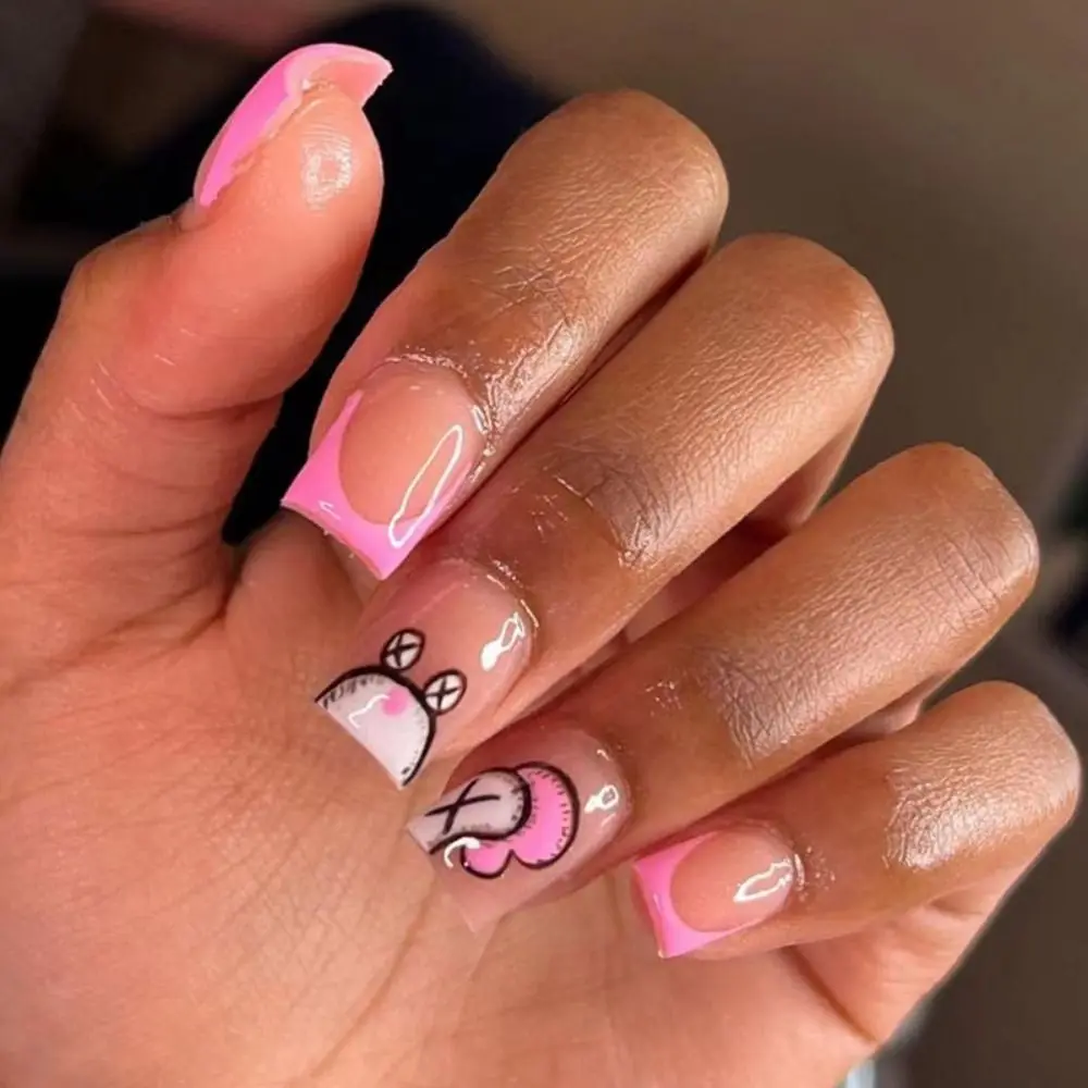 24pcs Short Square French Pink Cartoon Snail False Nails Full Cover ...