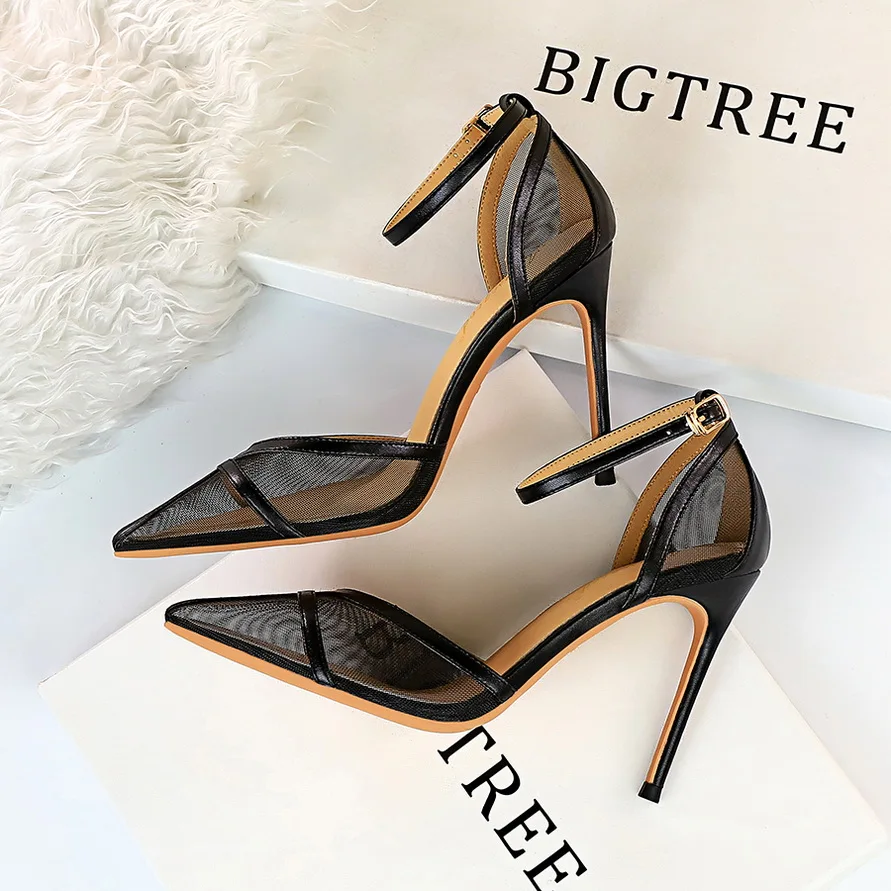 BIGTREE zapatos de tacón alto para mujer, tacones de aguja de malla de ...