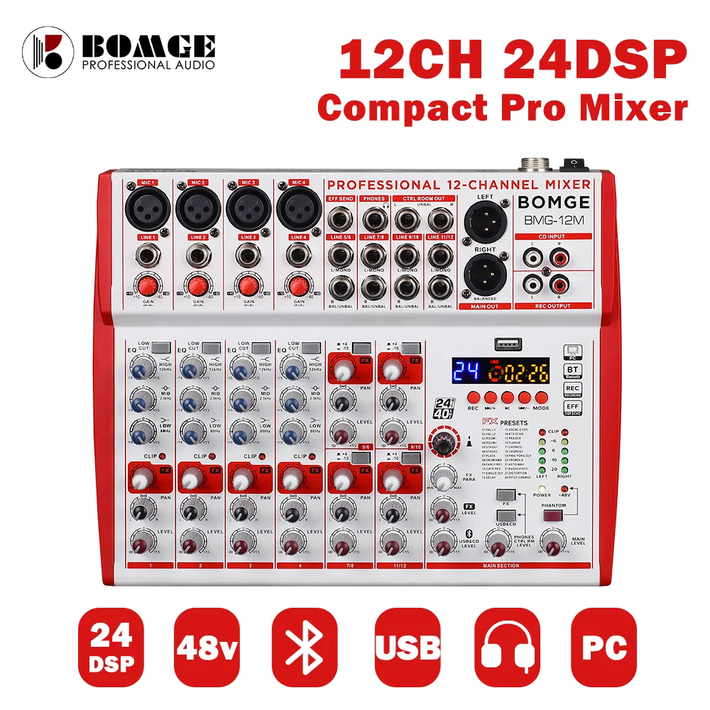 Bomge 10 12 Channel Soundboard Audio Mixer With Xenyx Preamp, 24dsp, Bluetooth, 48v Phantom ...