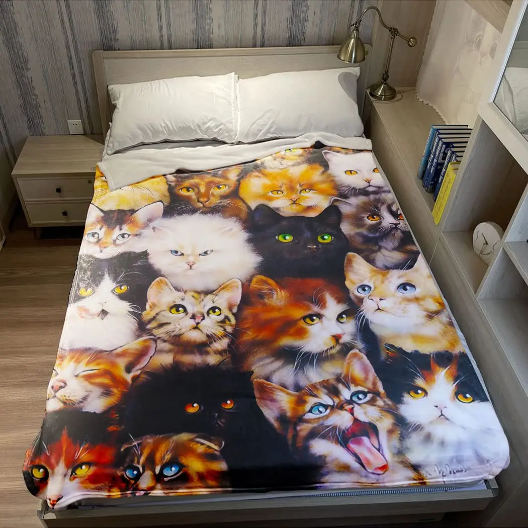 Cute Cat Design Flannel Bed Blanket Lightweight Cozy Plush Throw ...