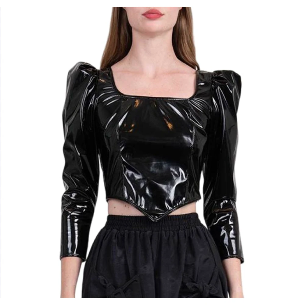 Wetlook PVC Leather Long Sleeve Dirndl Tops Women Square Neck Sexy Puff ...