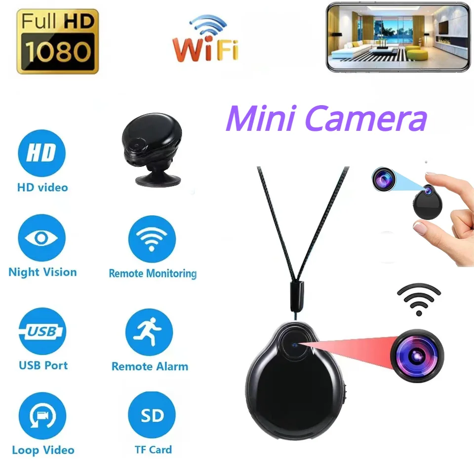 Noir 64 Go-Mini caméra collier sans fil, micro caméscope pendentif ...