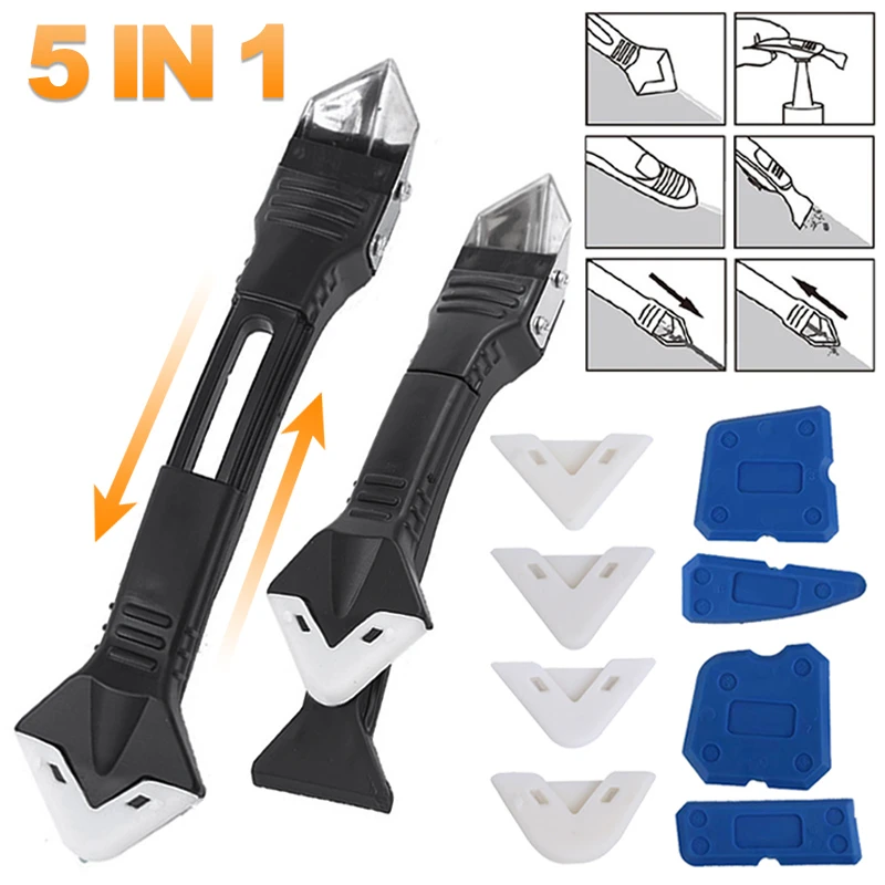5in1 Silicone Scraper Caulk Tools Glass Glue Angle Scraper Stainless ...