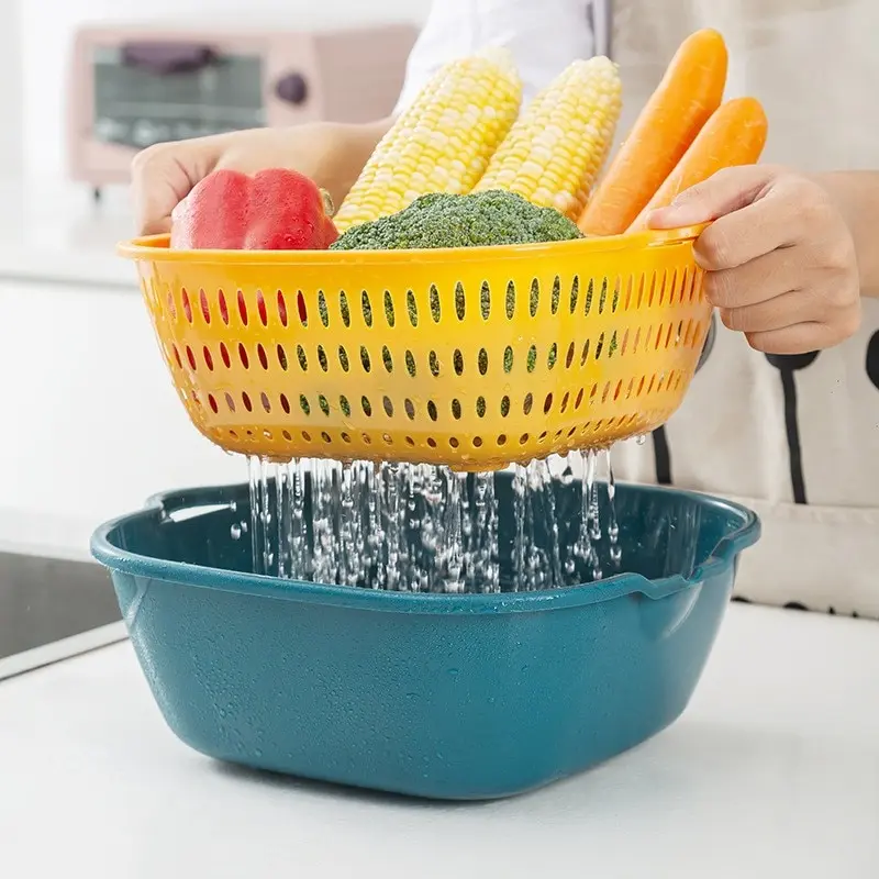 1Pc-Blue-Yellow-Plastic-Kitchen-Double-Drain-Basket-Bowl-Washing ...