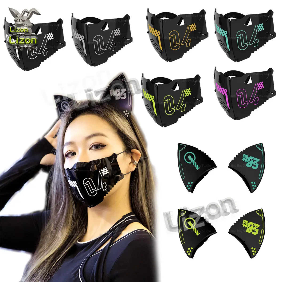 Cyber Punk Cosplay Mask Motorcycle Helmet Face Mask Acrylic Cat Ears ...