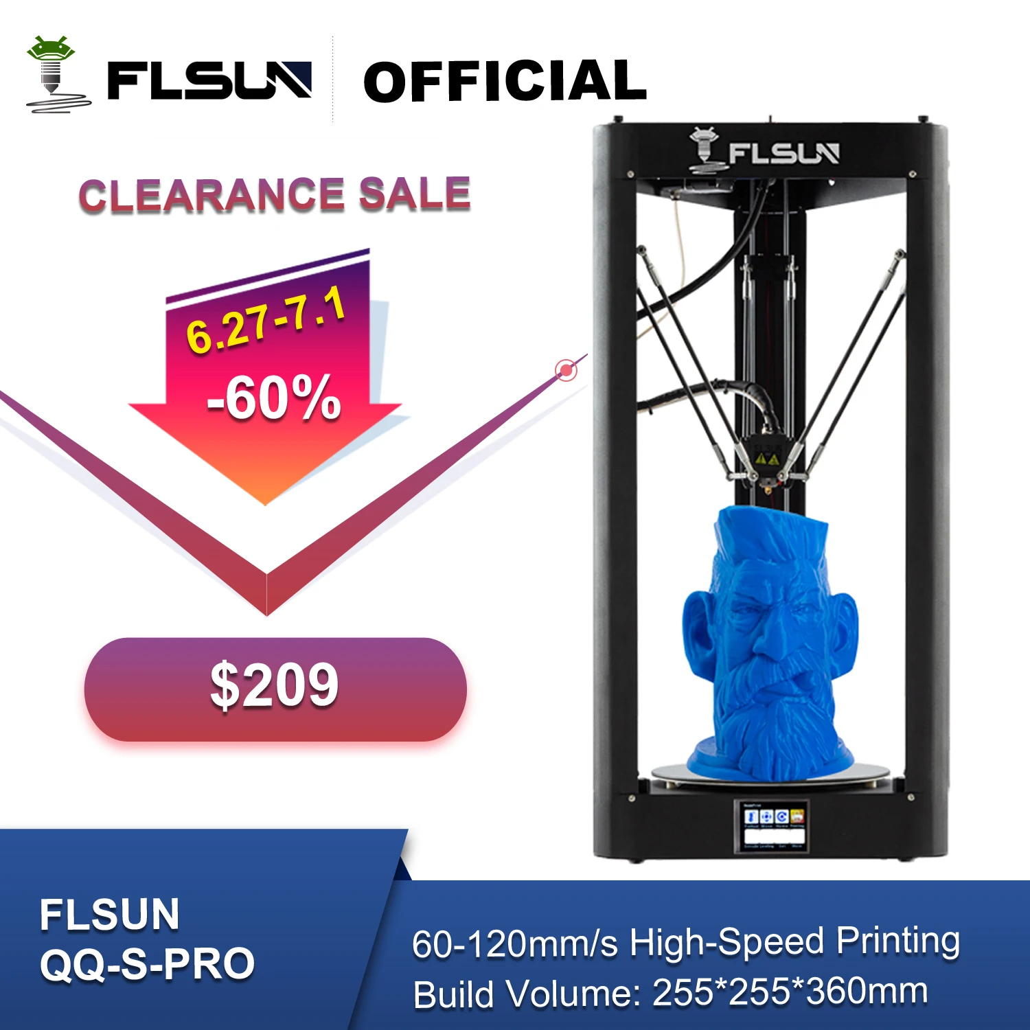 Flsun Qq-s-pro 3d Printer High Speed Large Size 255*360mm Kossel Delta ...