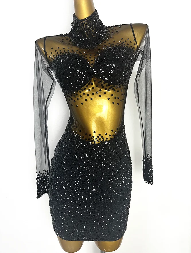 Black Rhinestones Transparent Dresses Evening Performance Sexy See ...
