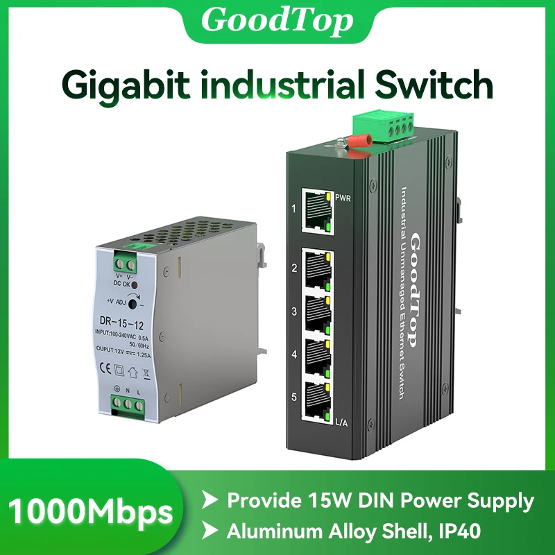 GoodTop 5 Port Gigabit Unmanaged Industrial Switch with DIN Rail 15W ...