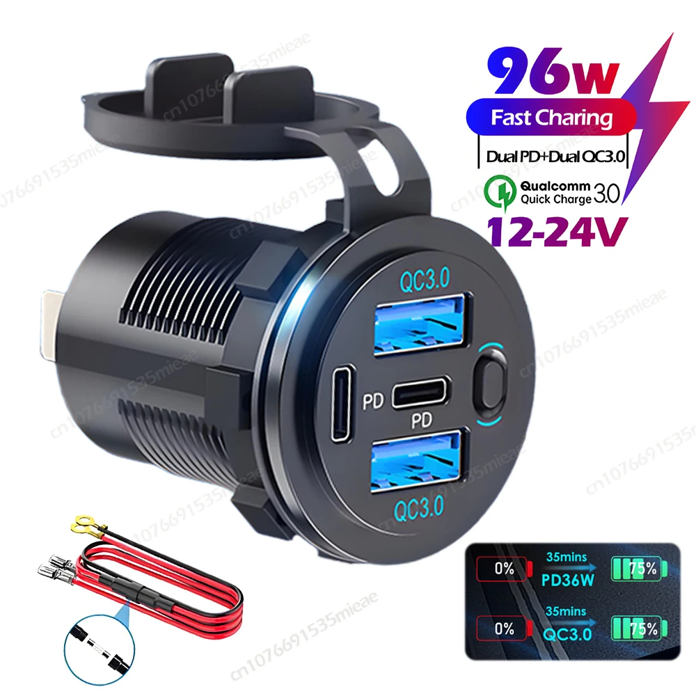Quad-Port 12V USB Outlet with Button Switch 96W Dual QC3.0 & Dual PD3.0 ...