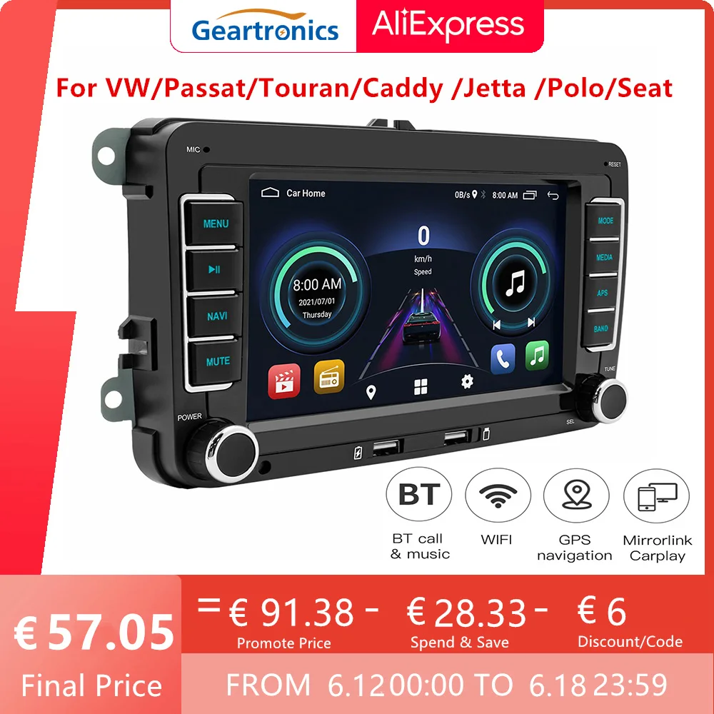 For Vw/passat/touran/caddy /jetta /polo/seat 2 Din Android 10 Car Radio ...