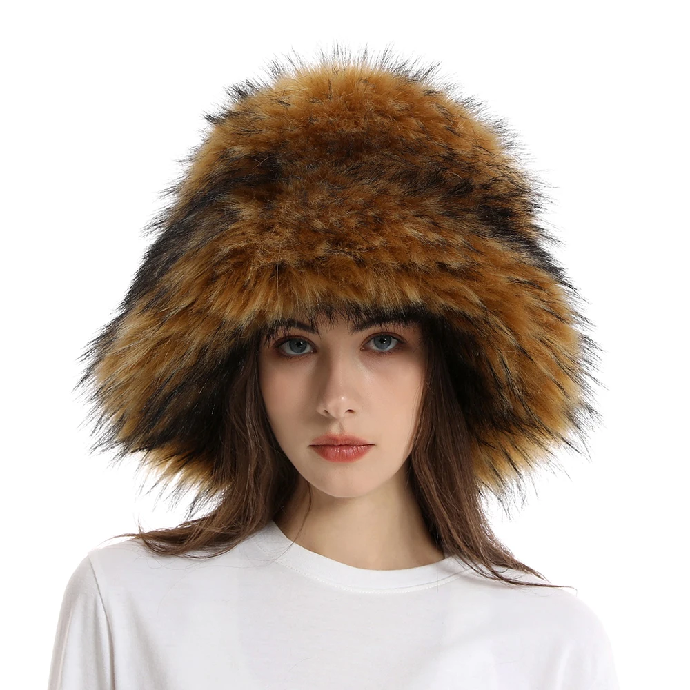 Faux Fur Bucket Hat Winter Warm Furry Hats for Women Lady Thicken Bob ...