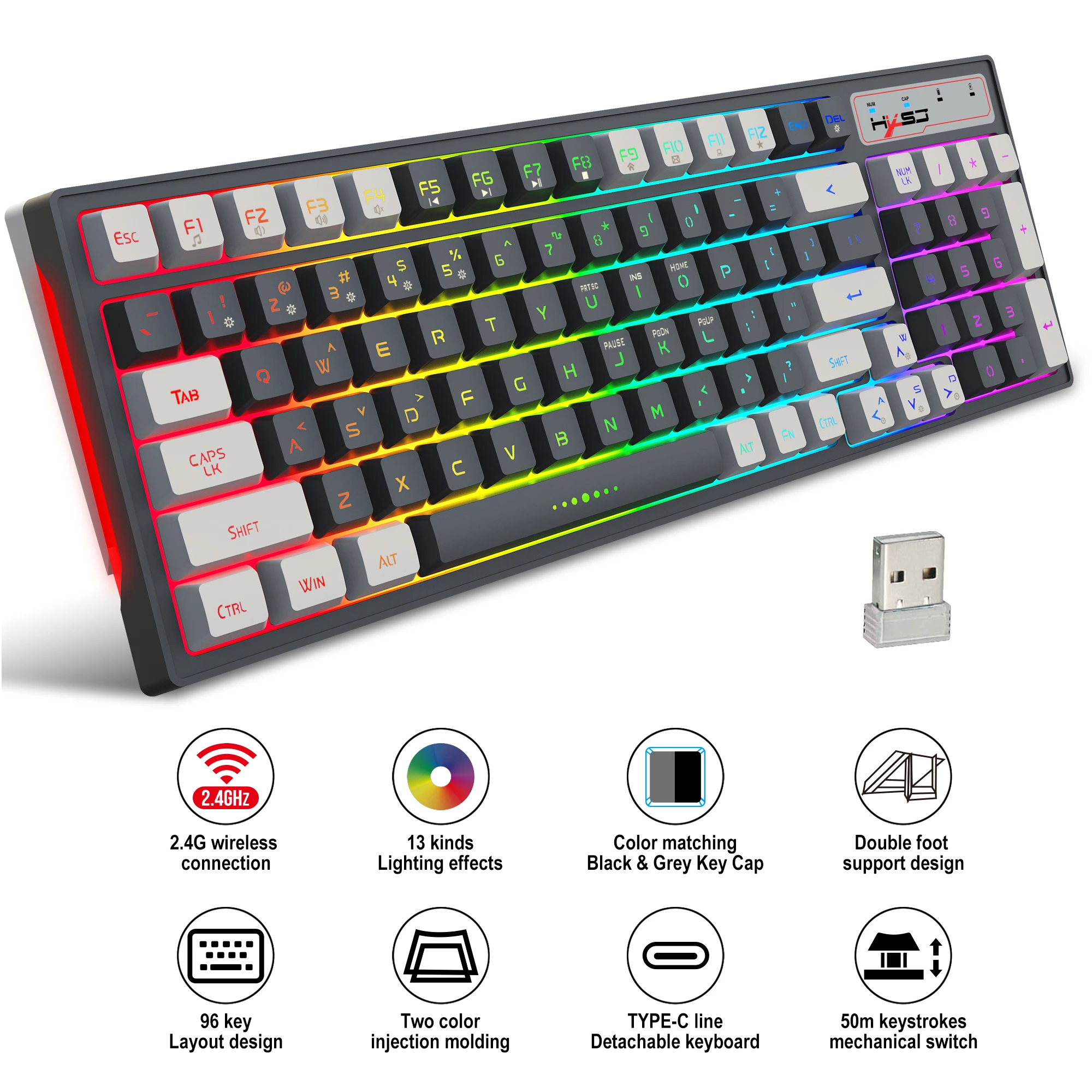 96-Keys-Wireless-Keyboard-RGB-Backlight-Rechargeable-2-4G-USB-Gaming ...