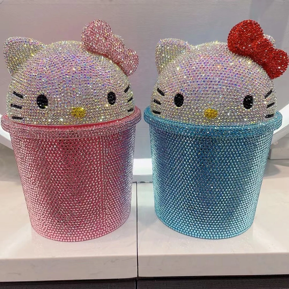 Hello Kitty Crystal Shiny Rhinestones Clamshell Dustbin Trash Can ...