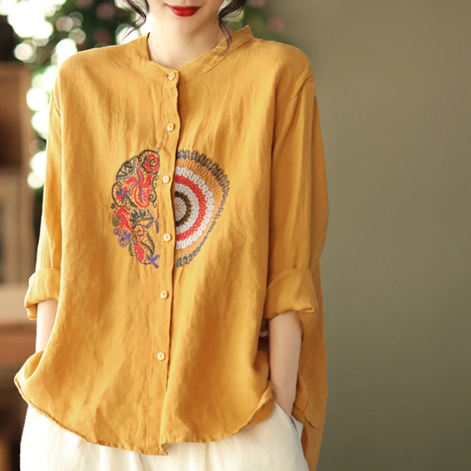 Women-S-Cotton-Linen-Blouse-Loose-Casual-Embroidery-Top-Button-Down ...