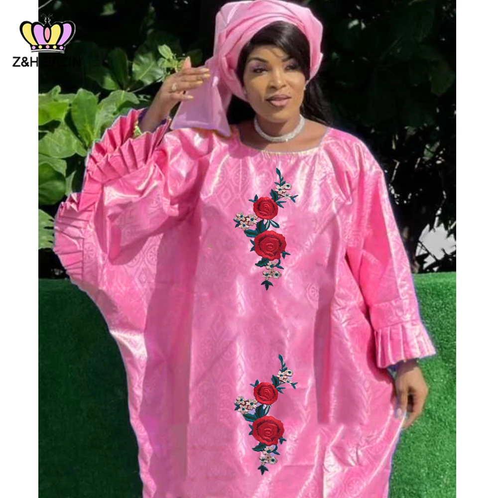 Bazin-Riche-Dresses-From-African-Newest-Pink-Bazin-Riche-Long-Clothing ...