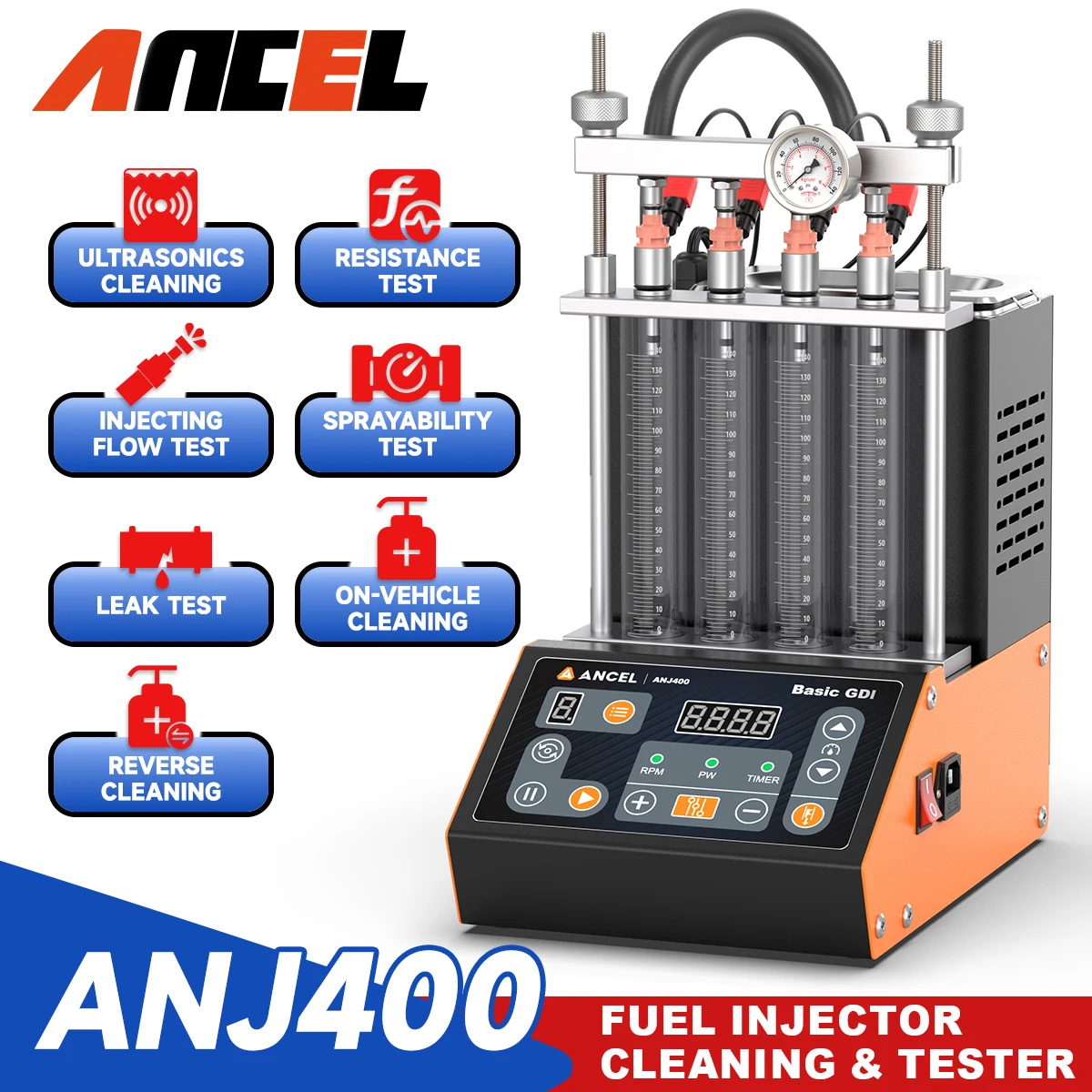 ANCEL ANJ400 GDI Car Fuel Injector Cleaning Machine 4Cylinders EFI FEI ...