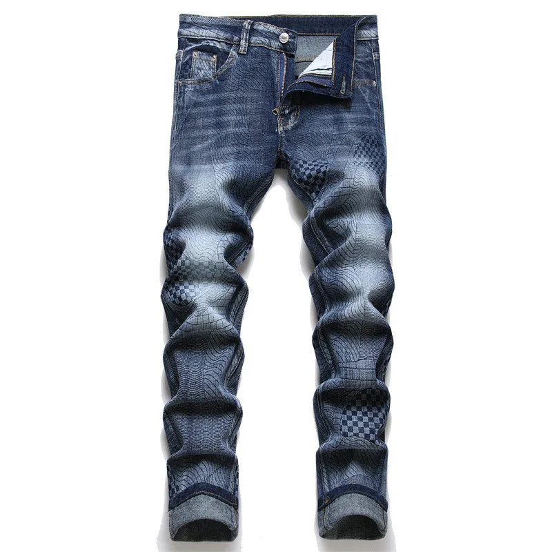 Men-Digital-Print-Jeans-Slim-Tapered-Stretch-Denim-Pants-Geometry-Check ...