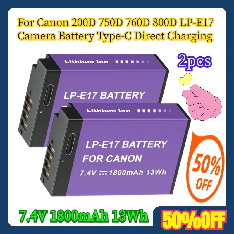 2pcs 7.4V 1800mAh 13Wh For Canon 200D 750D 760D 800D LP-E17 Camera ...