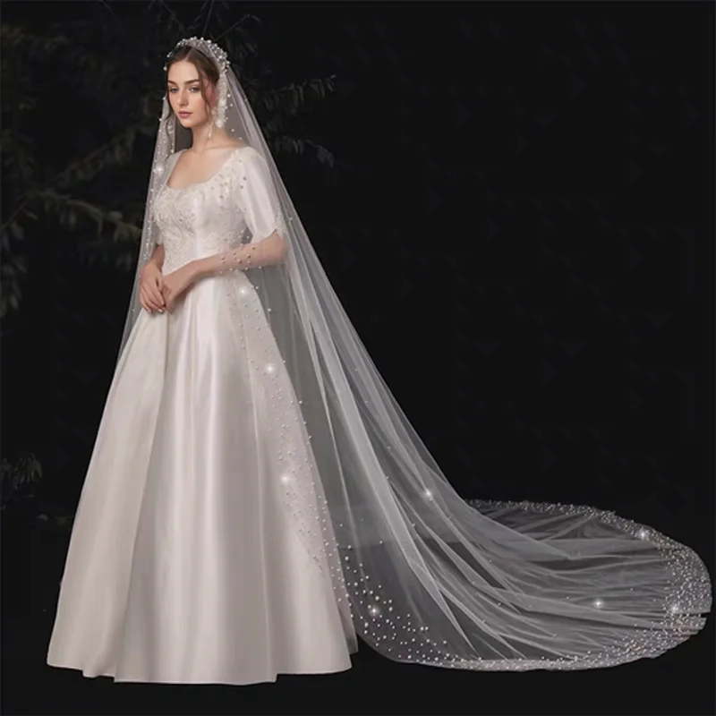 V145 Extra Long Royal Cathedral Wedding Veil 3M Wide Pearls Beaded ...