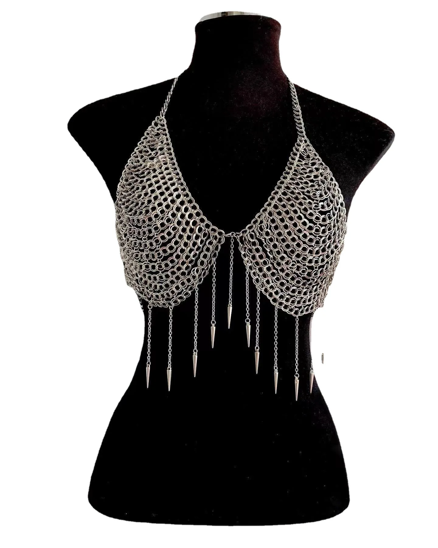 FREE SHIPPING Silver Chainmail Crop Top Festival Metal Bra with Spikes ...