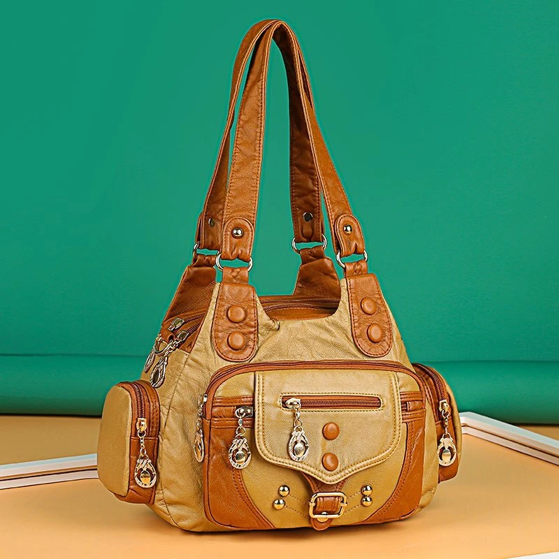 Washed Leather Women's Bag Handbag Retro Fashion Rivet Soft Leather Bag ...