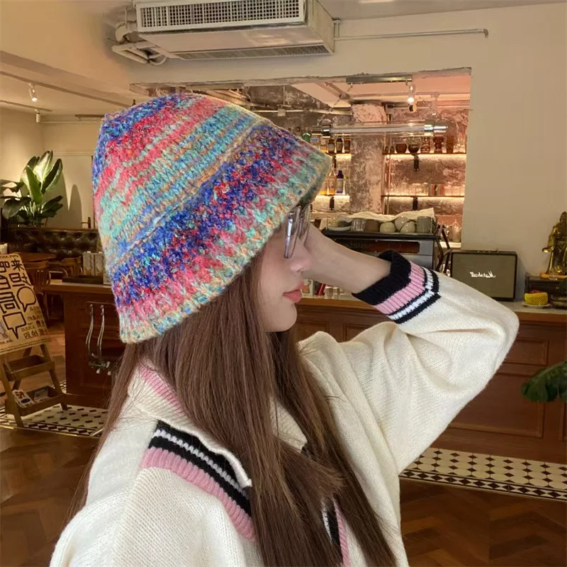 Gradient Striped Knitted Bucket Hats For Women Winter Thicken Warm ...
