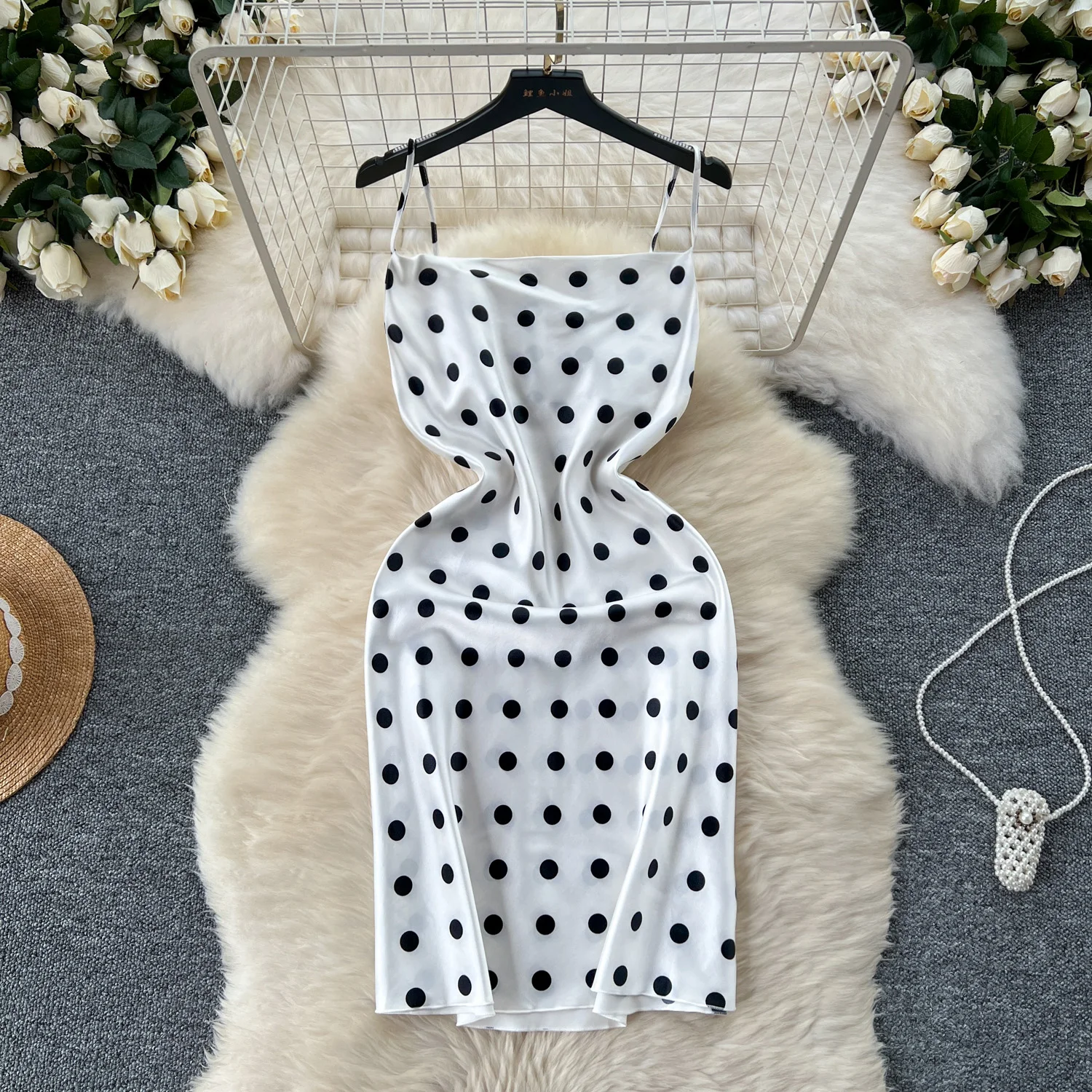 Elegant-Sexy-Backless-Dot-slip-cut-out-Swinging-collar-satin-vintage ...