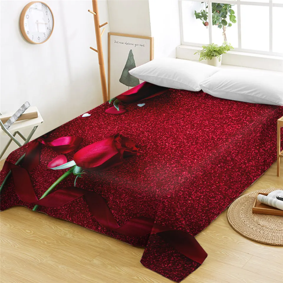 Red-Rose-Flat-Sheet-Romantic-Flowers-Bed-Sheet-Floral-Bed-Linen-King ...