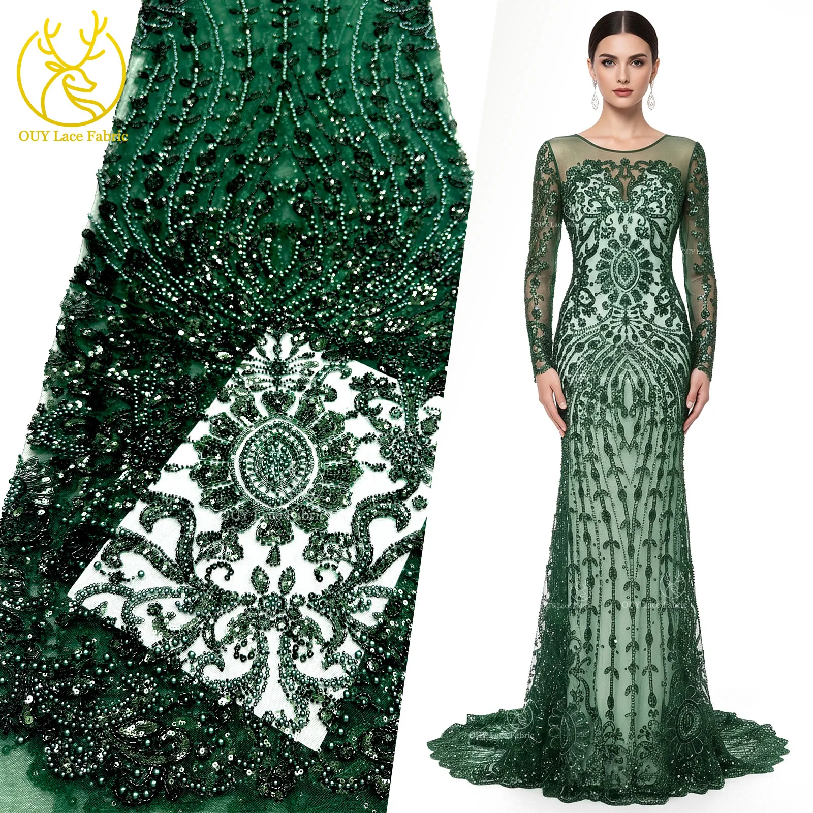 Green African Beaded Lace Fabric 2026 High-Quality Nigerian Sequined ...