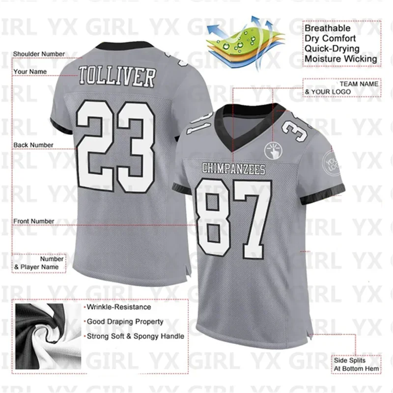 Custom Gray White-Black Mesh Authentic Football Jersey Personlized Team ...