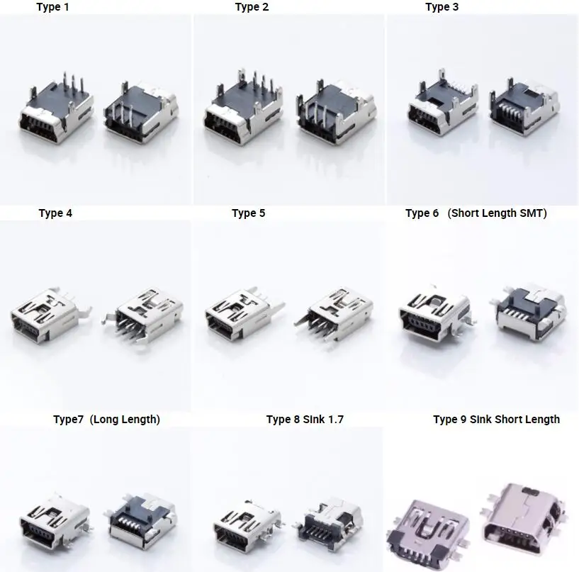 10/30Pieces 9Types Mini USB Connector B Type USB 2.0 Jack 5pin SMT DIP ...