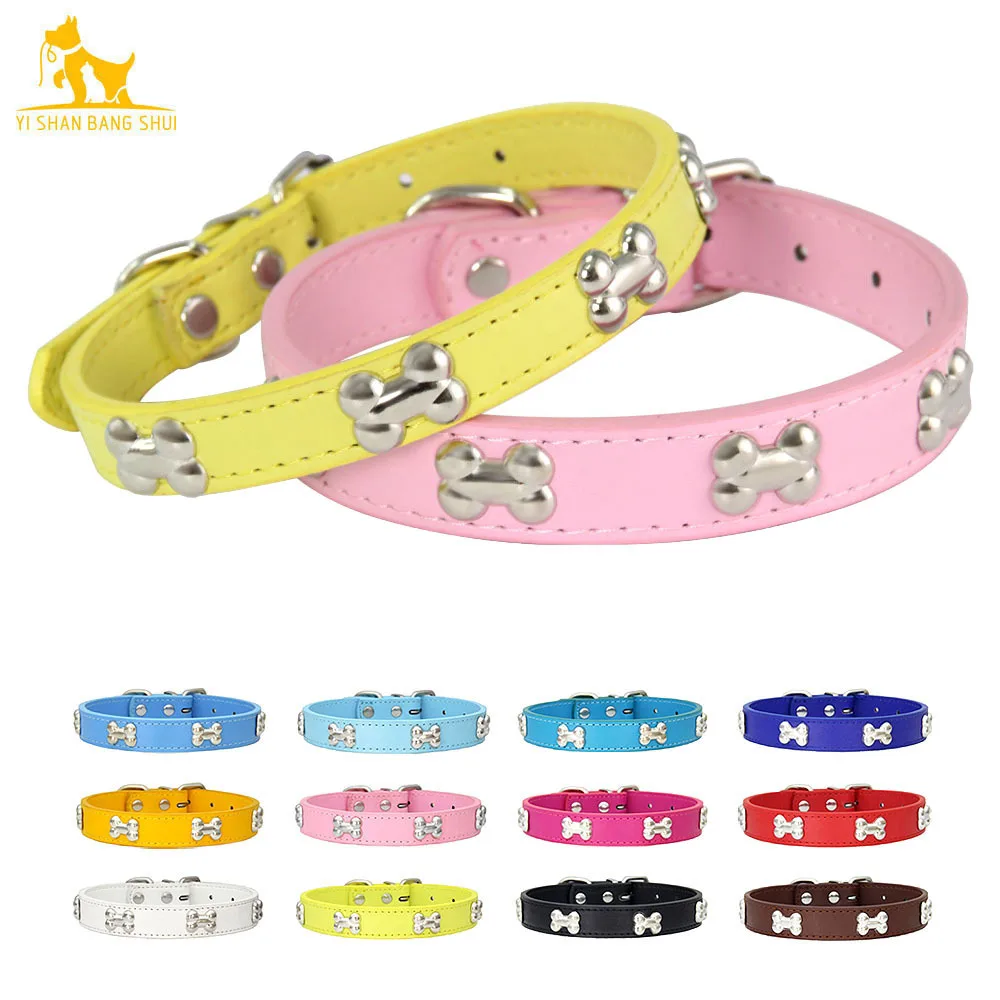 Bone-Rivets-Leather-Dog-Collar-Colourful-Puppy-Neck-Strap-Collar-For ...