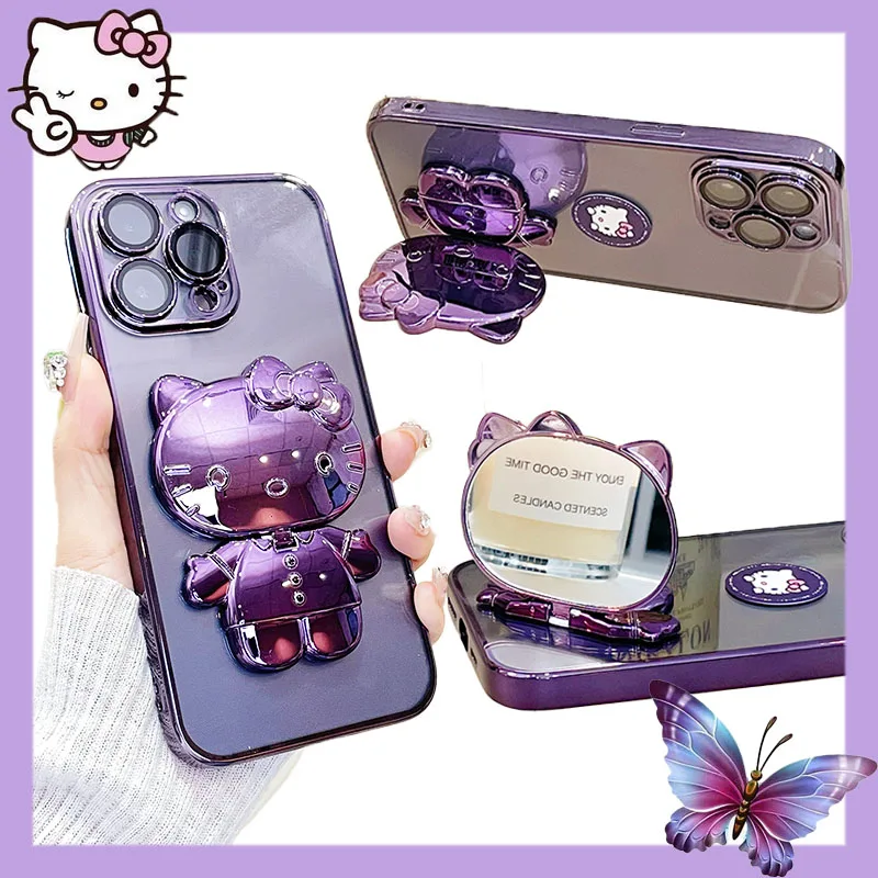 Kawaii Hello Kitty Iphone Phone Case with Mirror Bracket Girls Kt Cat ...