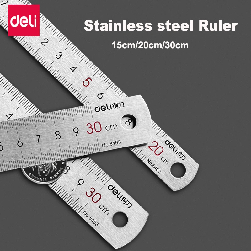 Deli Stainless Steel Metal Ruler Precision Measuring Tool 15/20/30cm ...